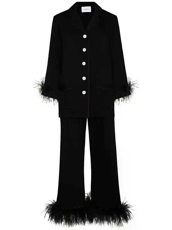 Sleeper Feather Detail Pajama Set - Black