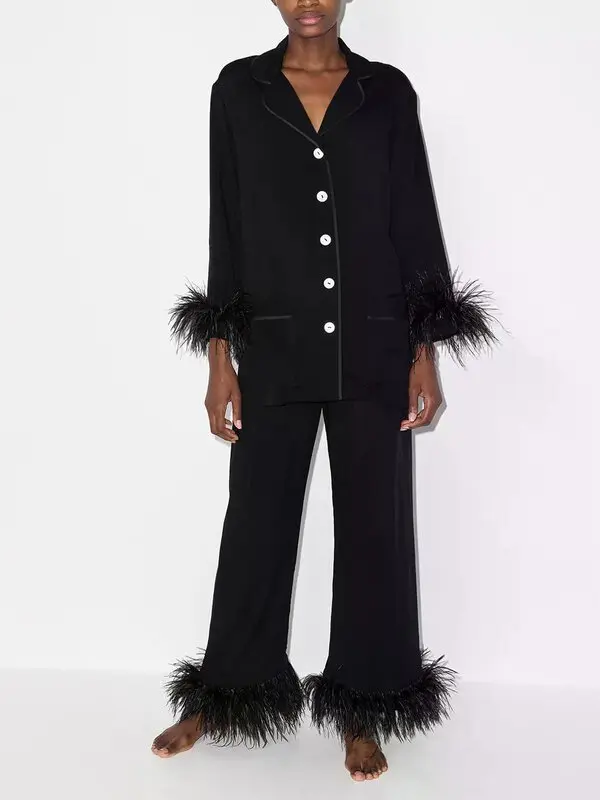 Sleeper Feather Detail Pajama Set - Black