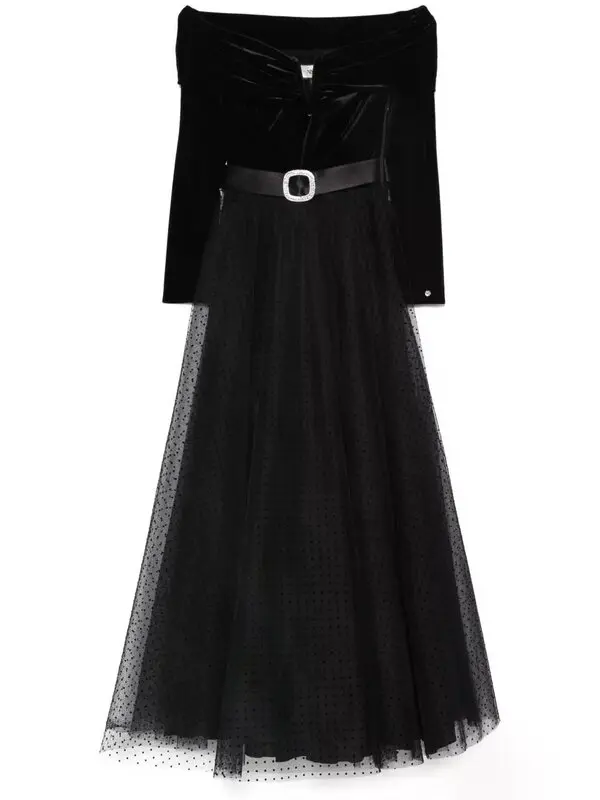 NISSA Velvet Off-shoulder Maxi Dress With Tulle Skirt