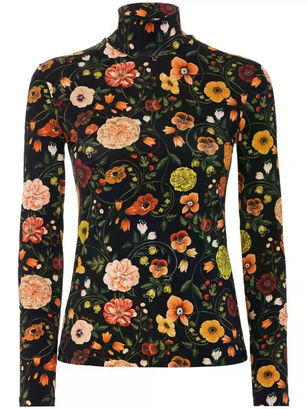 La DoubleJ High Neck Long Sleeve Floral Print Top - Black