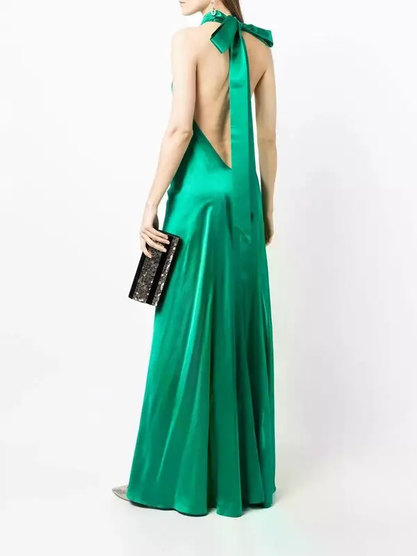 Michelle Mason Silk Satin Backless Halterneck Gown - Green