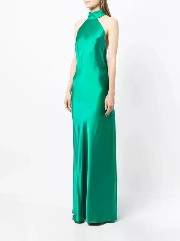 Michelle Mason Silk Satin Backless Halterneck Gown - Green