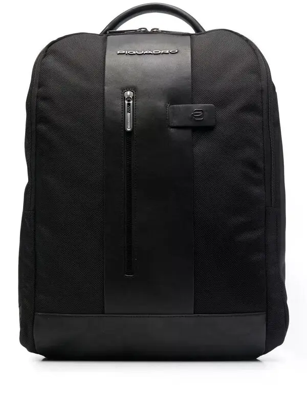 PIQUADRO Leather Trimmed Logo Patch Backpack - Black
