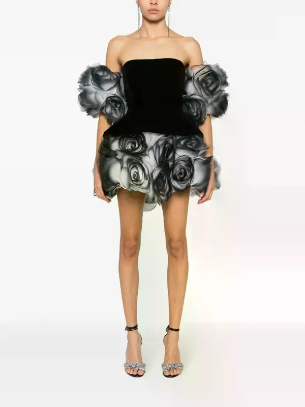 ANA RADU Strapless Floral Appliqué Minidress - Black