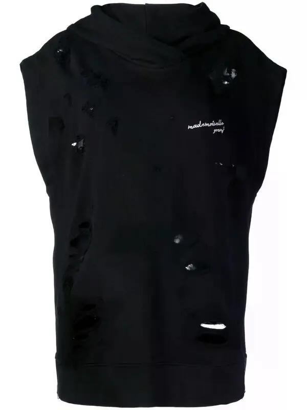 Goen.j Sleeveless Distressed Hoodie - Black