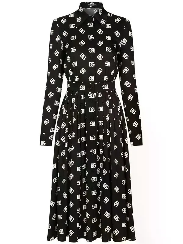 Dolce & Gabbana Midi Logo-print Belted Shirt Dress - Black