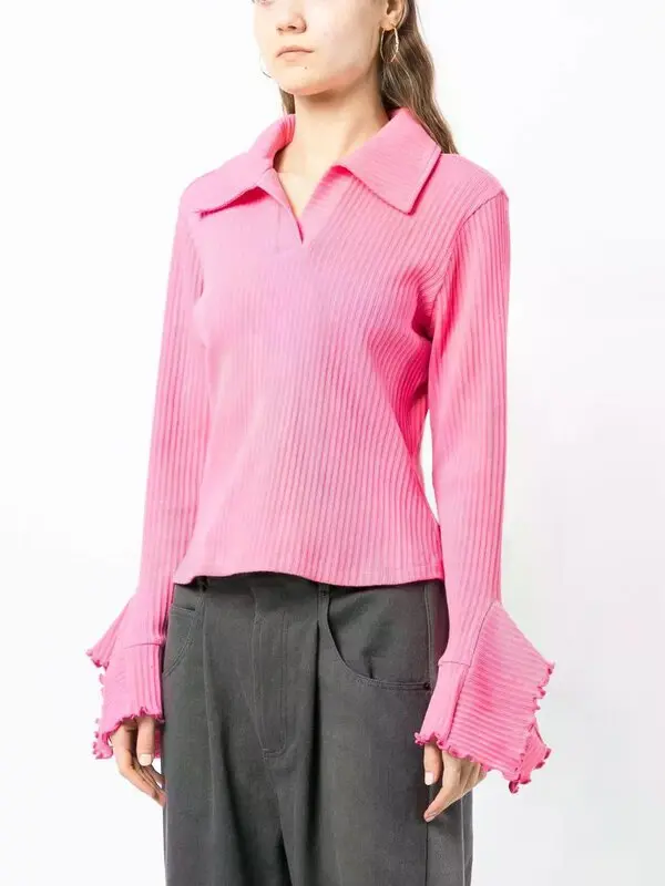Goen.j Ribbed Ruffle-trim Polo Top