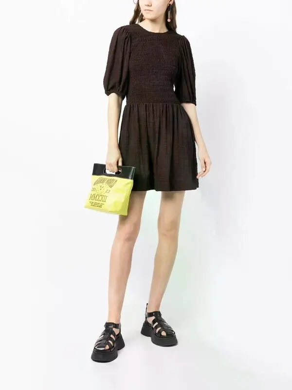 GANNI Striped Smocked Puff Sleeve Mini Dress - Brown