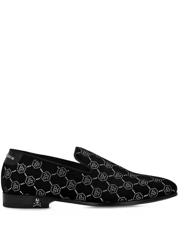 Philipp Plein Rhinestone Monogram Velvet Loafers - Black