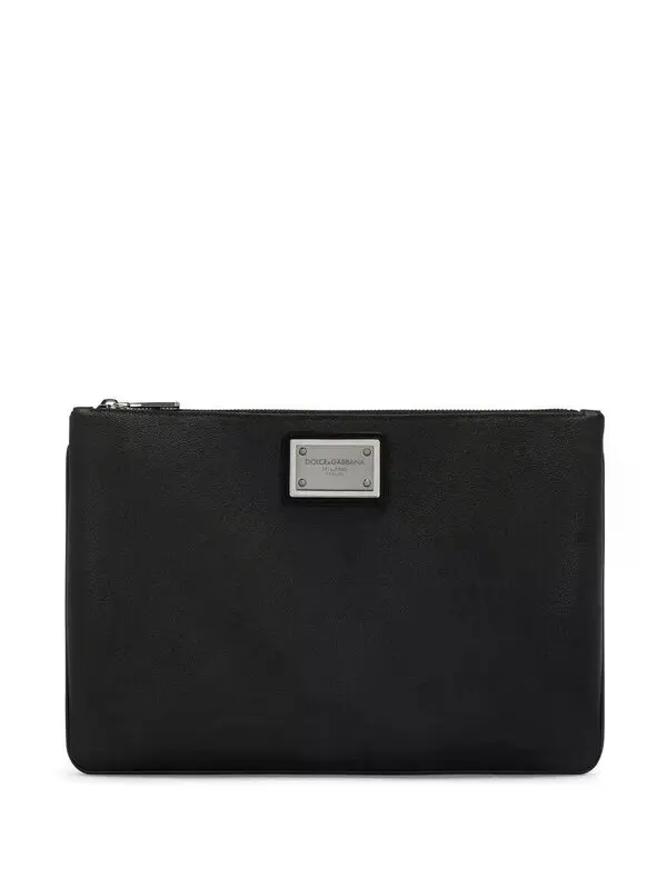 Dolce & Gabbana Calf Leather Clutch Bag With Logo Plaque - Black