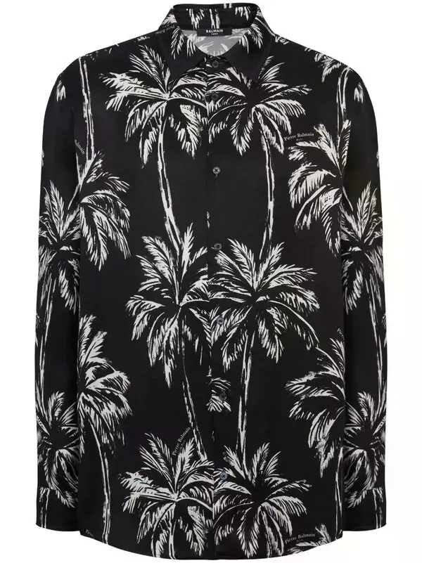 Balmain Palm Tree-print Satin Shirt - Black