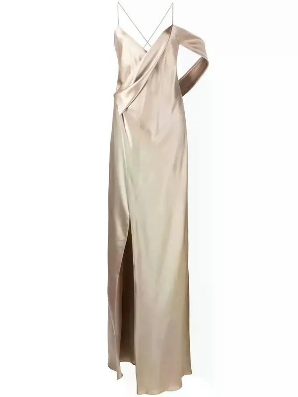 Michelle Mason Champagne Silk Cowl Back Gown - Neutrals