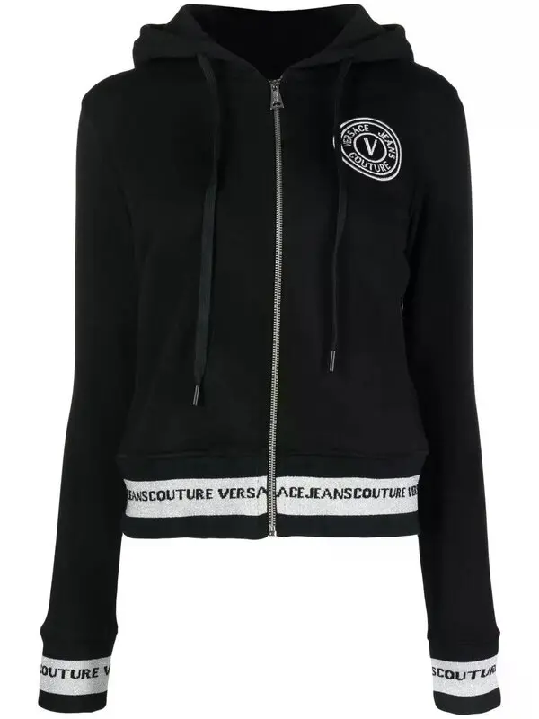 Versace Logo Embroidered Zip-up Hoodie - Black