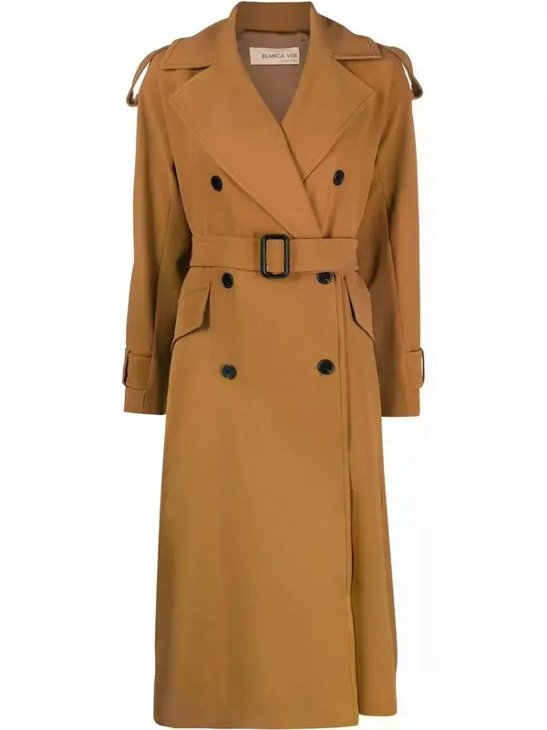 BLANCA VITA Double-breasted Belted Coat - Brown
