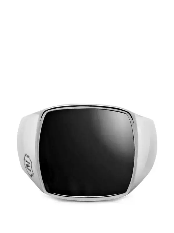 NIALAYA JEWELRY Tone Stainless Steel Onyx Engraved Logo Ring - Silver