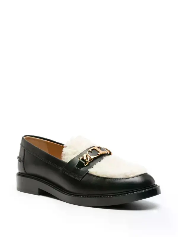TOD'S Shearling Panel Logo Chain Loafers - Black