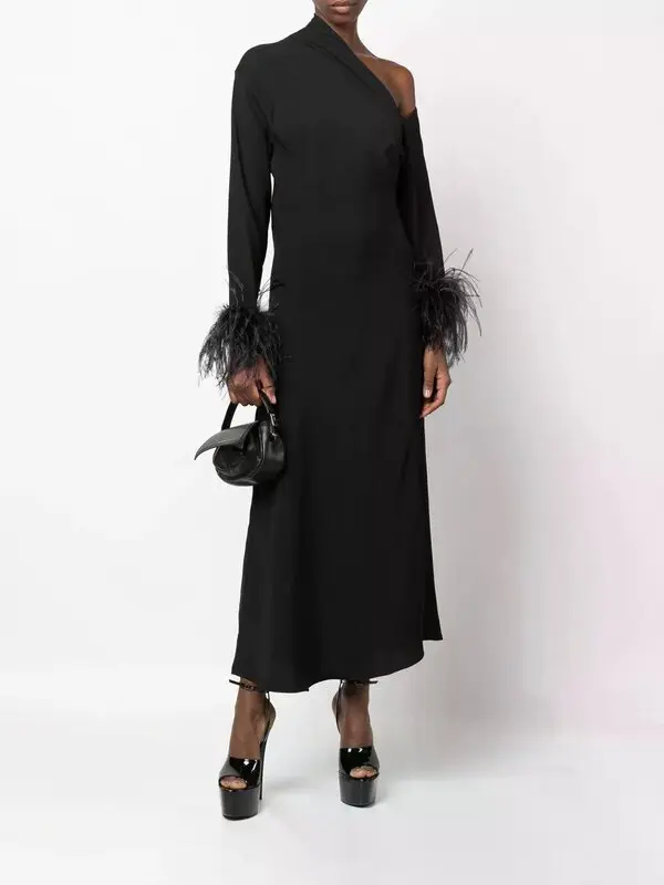 16Arlington Feather-trim One-shoulder Midi Dress