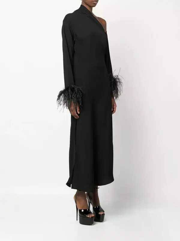 16Arlington Feather-trim One-shoulder Midi Dress