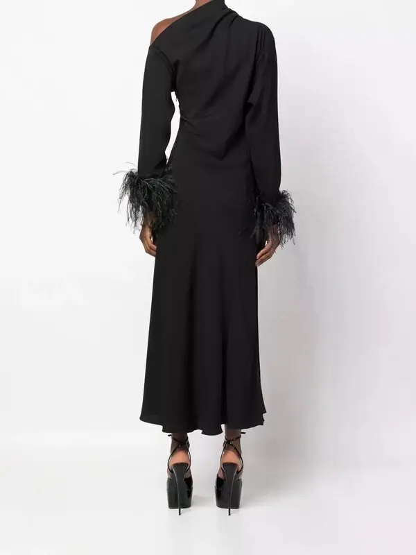 16Arlington Feather-trim One-shoulder Midi Dress