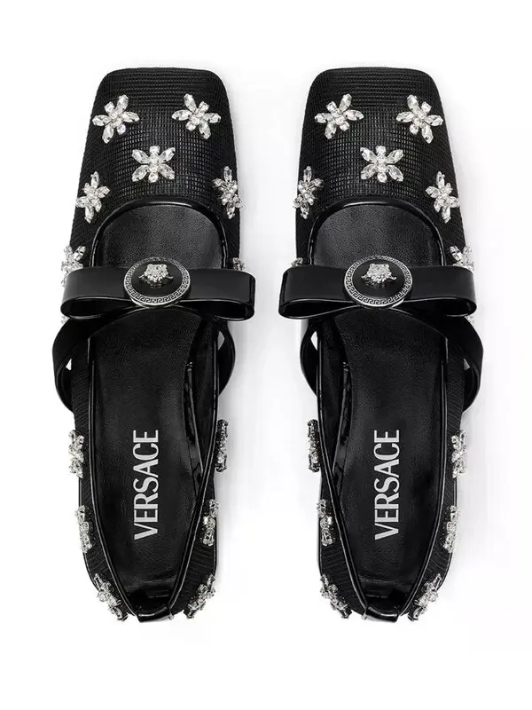 Versace Ribbon Ballerina Shoes With Crystal Embellishments