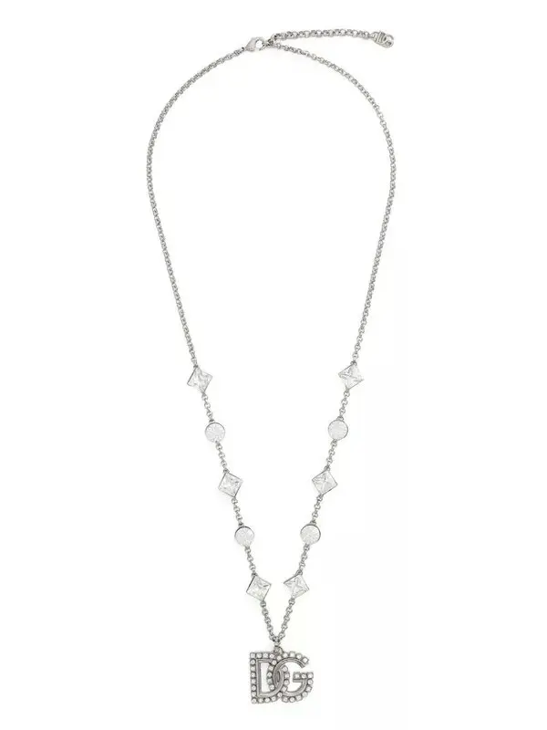 Dolce & Gabbana Crystal Embellished Logo Pendant Necklace - Silver