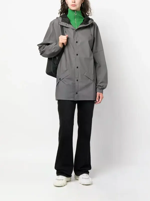 Rains Drawstring Hood Press-stud Parka Coat - Grey