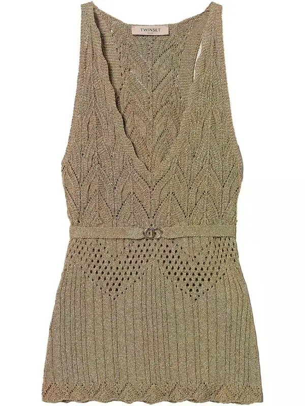 TWINSET Metallic Knit V-neck Top With Logo Buckle Belt - Neutrals
