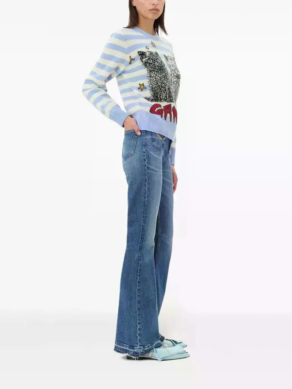 GANNI Striped Cat Graphic Knit Sweater - Blue