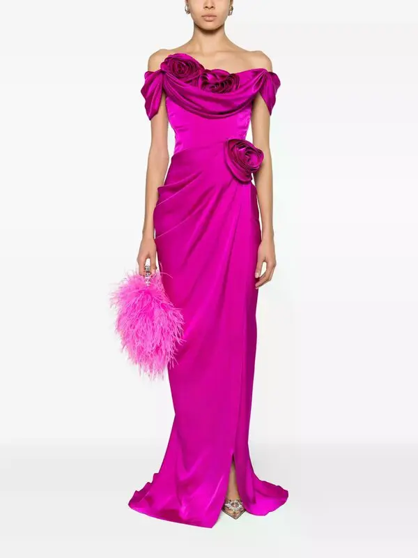 ANA RADU Fuchsia Satin Floral Appliqué Draped Gown - Pink