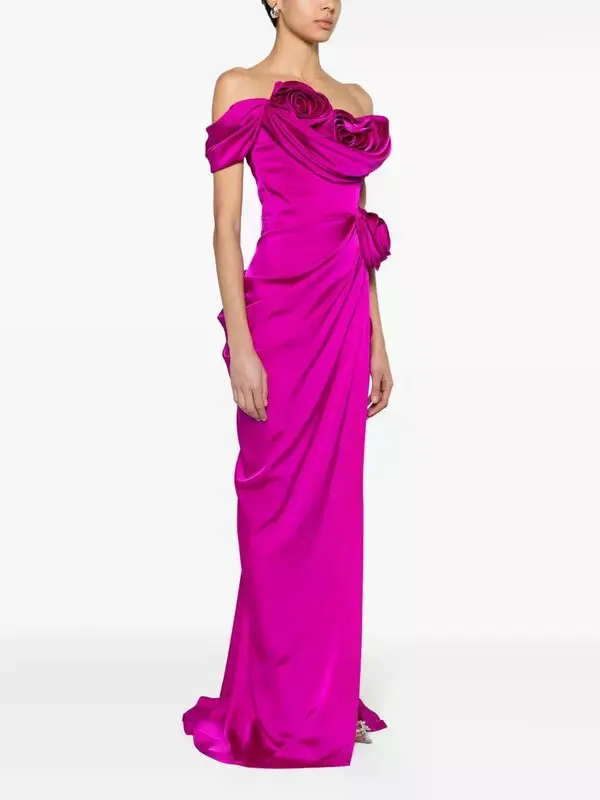 ANA RADU Fuchsia Satin Floral Appliqué Draped Gown - Pink
