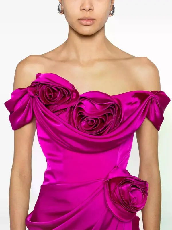 ANA RADU Fuchsia Satin Floral Appliqué Draped Gown - Pink