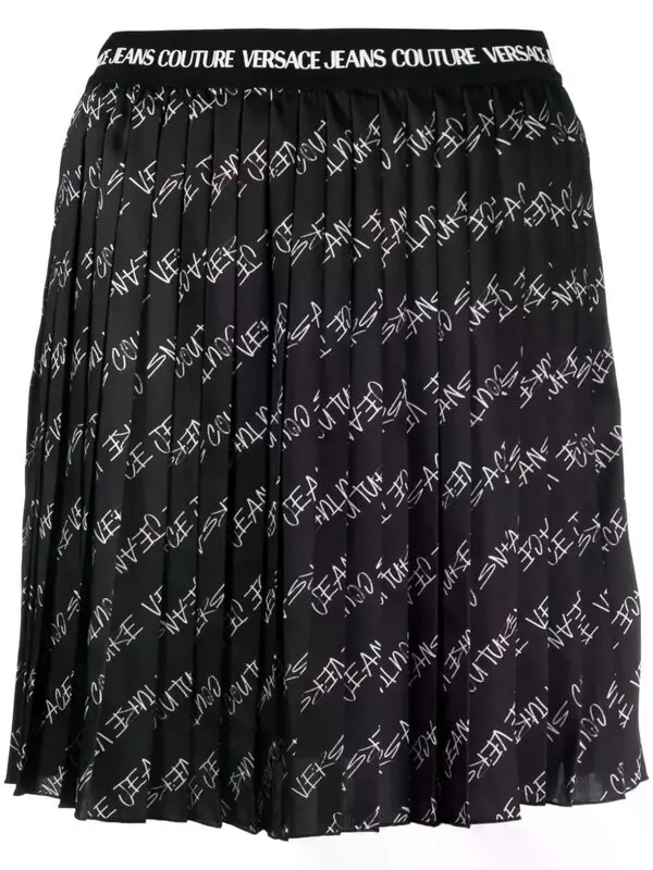 Versace Pleated Logo Print Mini Skirt - Black