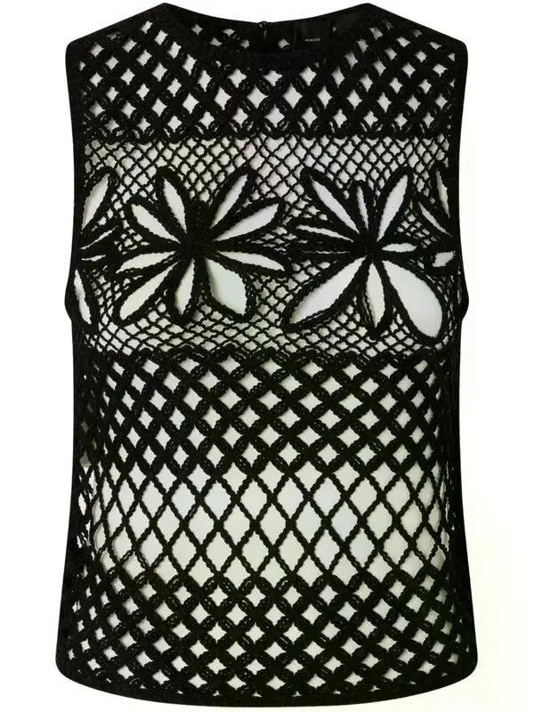 Pinko Open-knit Sleeveless Top With Floral Appliqu - Black