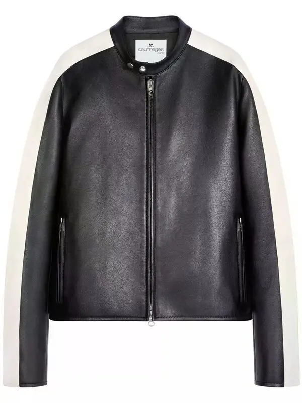 COURREGES Contrast Stripe Leather Biker Jacket - Black