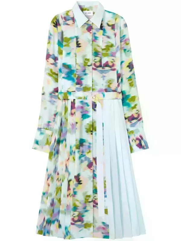 St. John Abstract Floral Print Silk Blend Shirt Dress - Blue