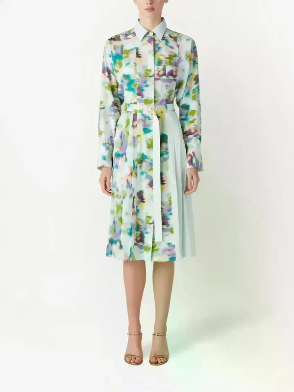 St. John Abstract Floral Print Silk Blend Shirt Dress