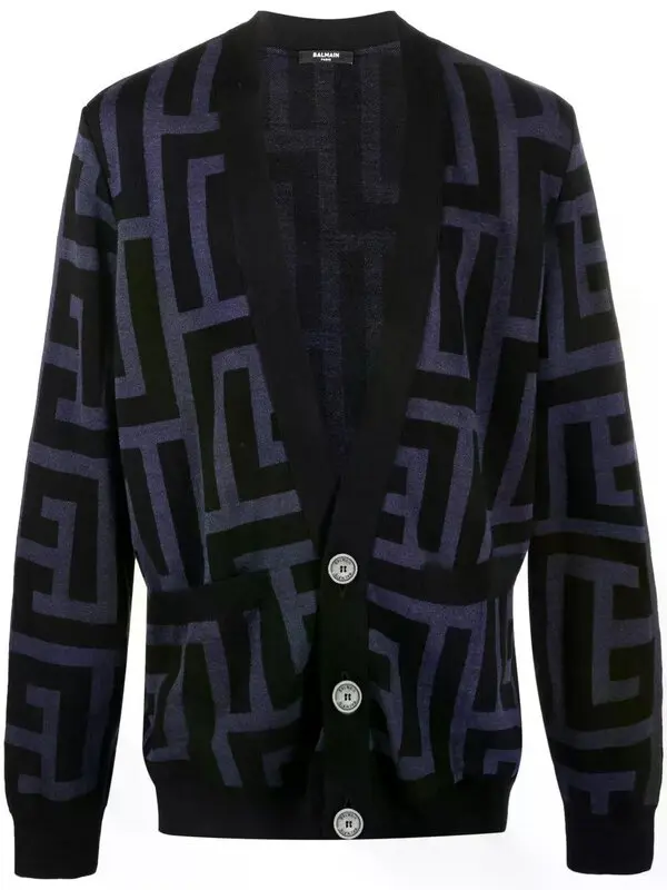 Balmain Monogram-print V-neck Cardigan - Blue