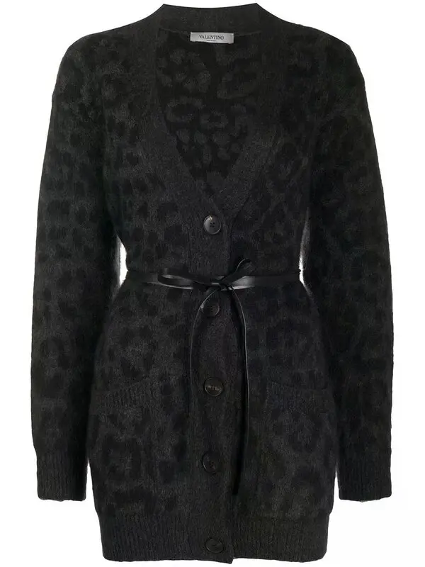 Valentino Garavani Leopard Print Belted V-neck Cardigan - Grey