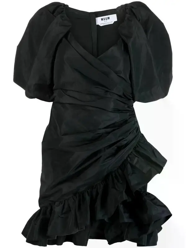 MSGM Puff Sleeve Wrap Dress With Ruffled Detailing - Black