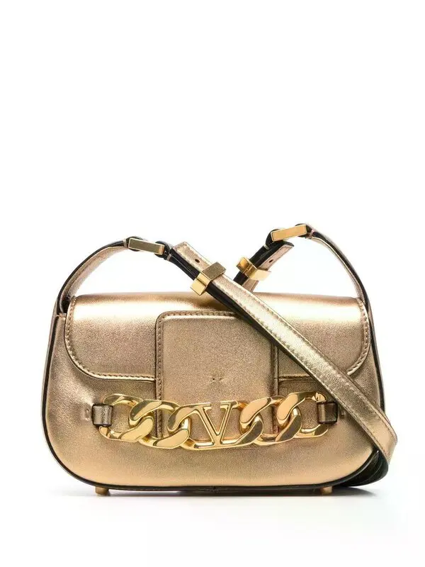 Valentino Garavani Vlogo Chain Shoulder Bag In Metallic Leather - Gold