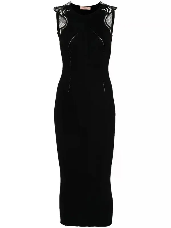 TWINSET Ribbed Lace-detail Midi Dress - Black