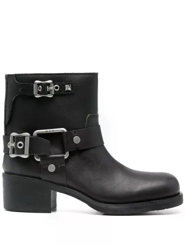 Ash Leather Block Heel Boots With Decorative Buckles - Black