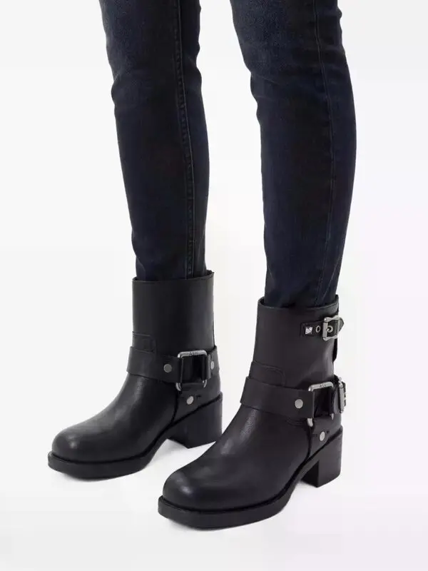 Ash Leather Block Heel Boots With Decorative Buckles