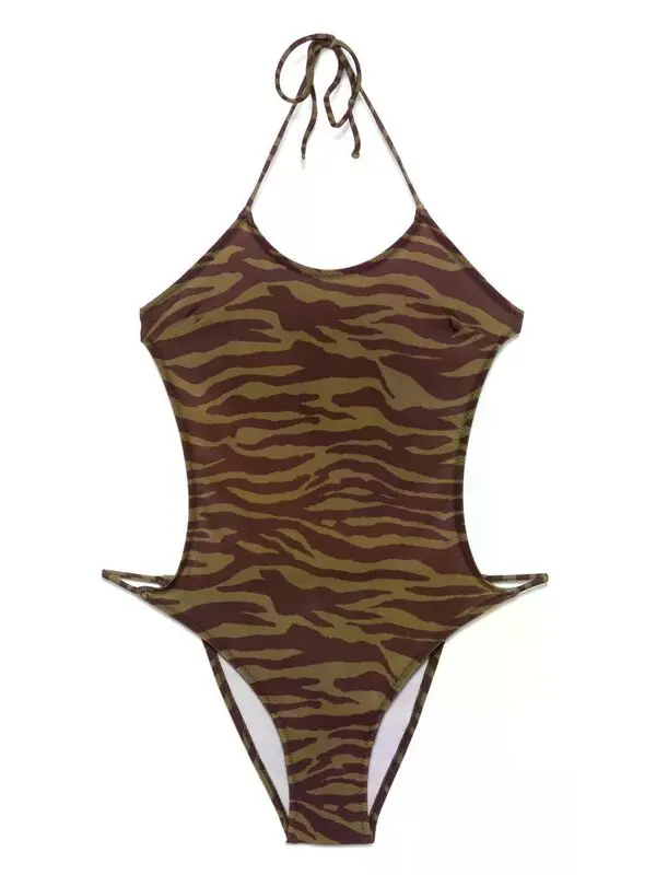 Attico Zebra-print Halterneck Swimsuit - Green