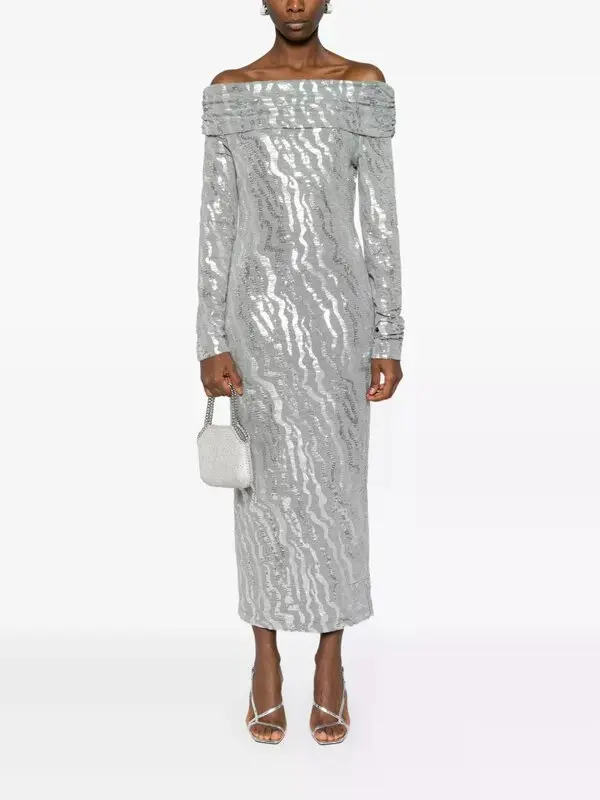 ROTATE BY BIRGER CHRISTENSEN Sequinned Off-the-shoulder Midi Dress - Grey