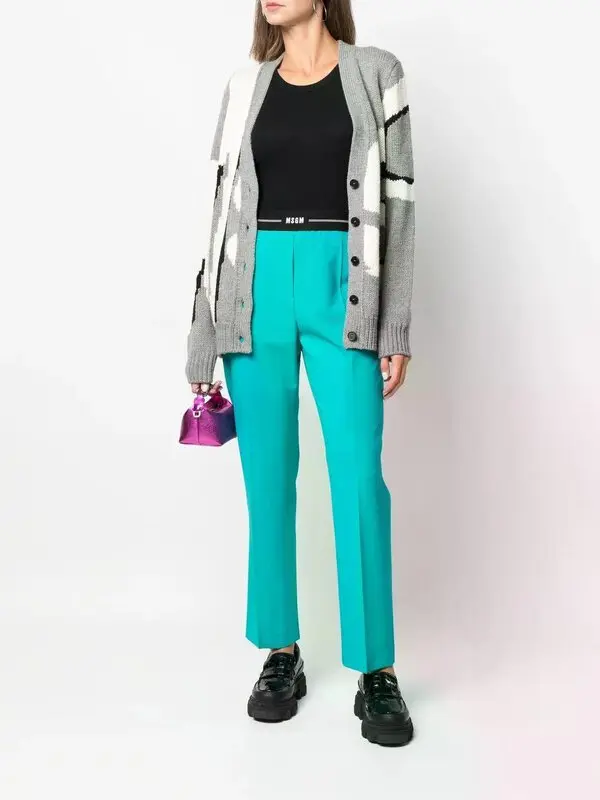 MSGM Teal Virgin Wool Blend Tailored Trousers With Logo Waistband