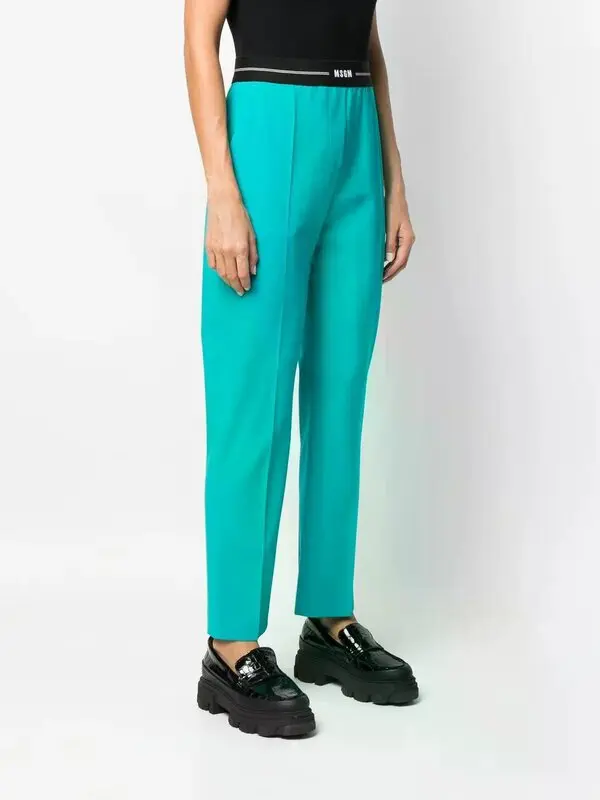MSGM Teal Virgin Wool Blend Tailored Trousers With Logo Waistband