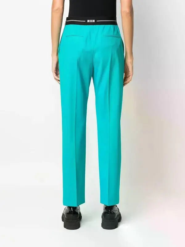 MSGM Teal Virgin Wool Blend Tailored Trousers With Logo Waistband