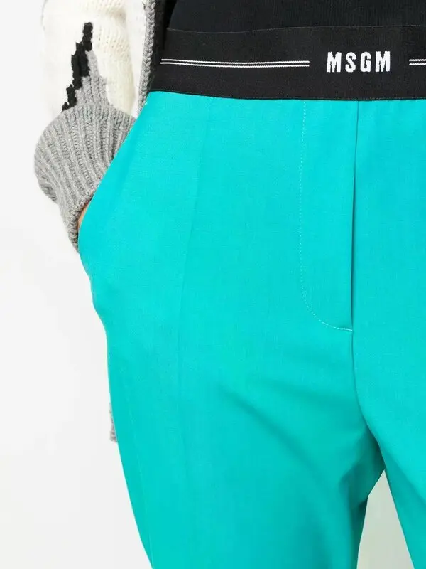 MSGM Teal Virgin Wool Blend Tailored Trousers With Logo Waistband