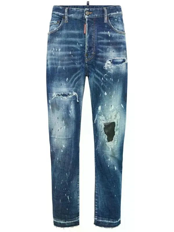 Dsquared2 Distressed Paint Splatter Straight Leg Jeans - Blue